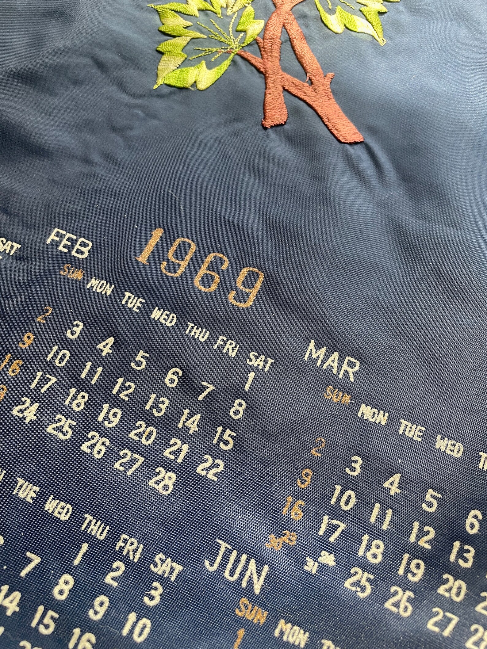 Large, 32 Long, 1969 Silk Scroll Wall Calendar, Embroidered Flowers ...