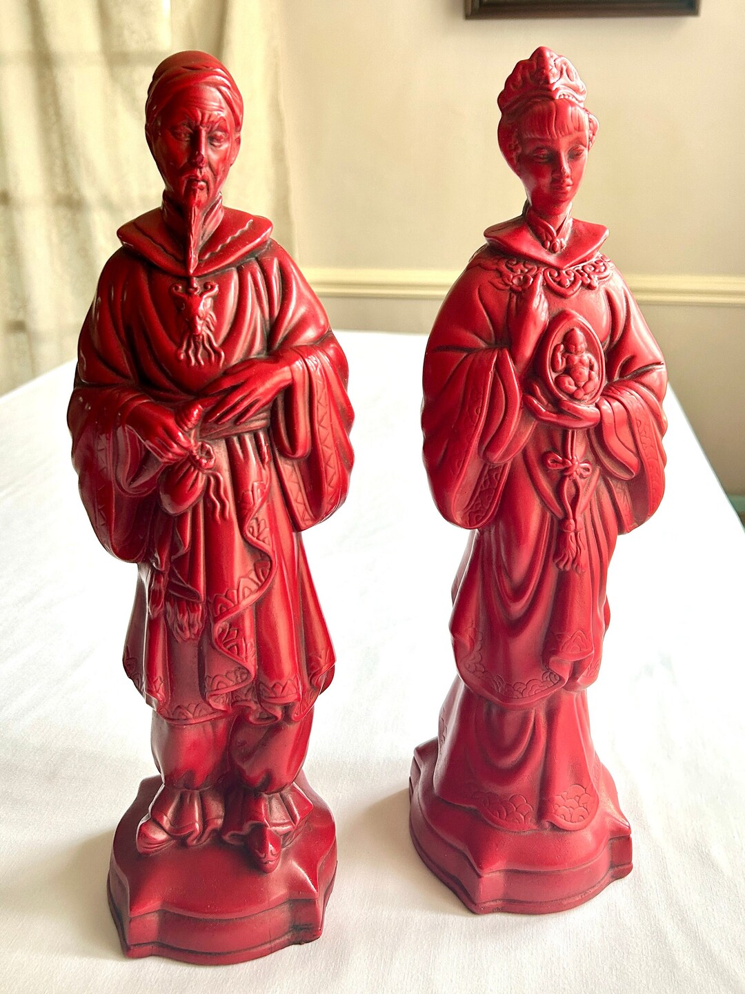 1950s MCM Cinnabar Chinese God & Quan Kwan Yin Goddess Holding Buddha ...