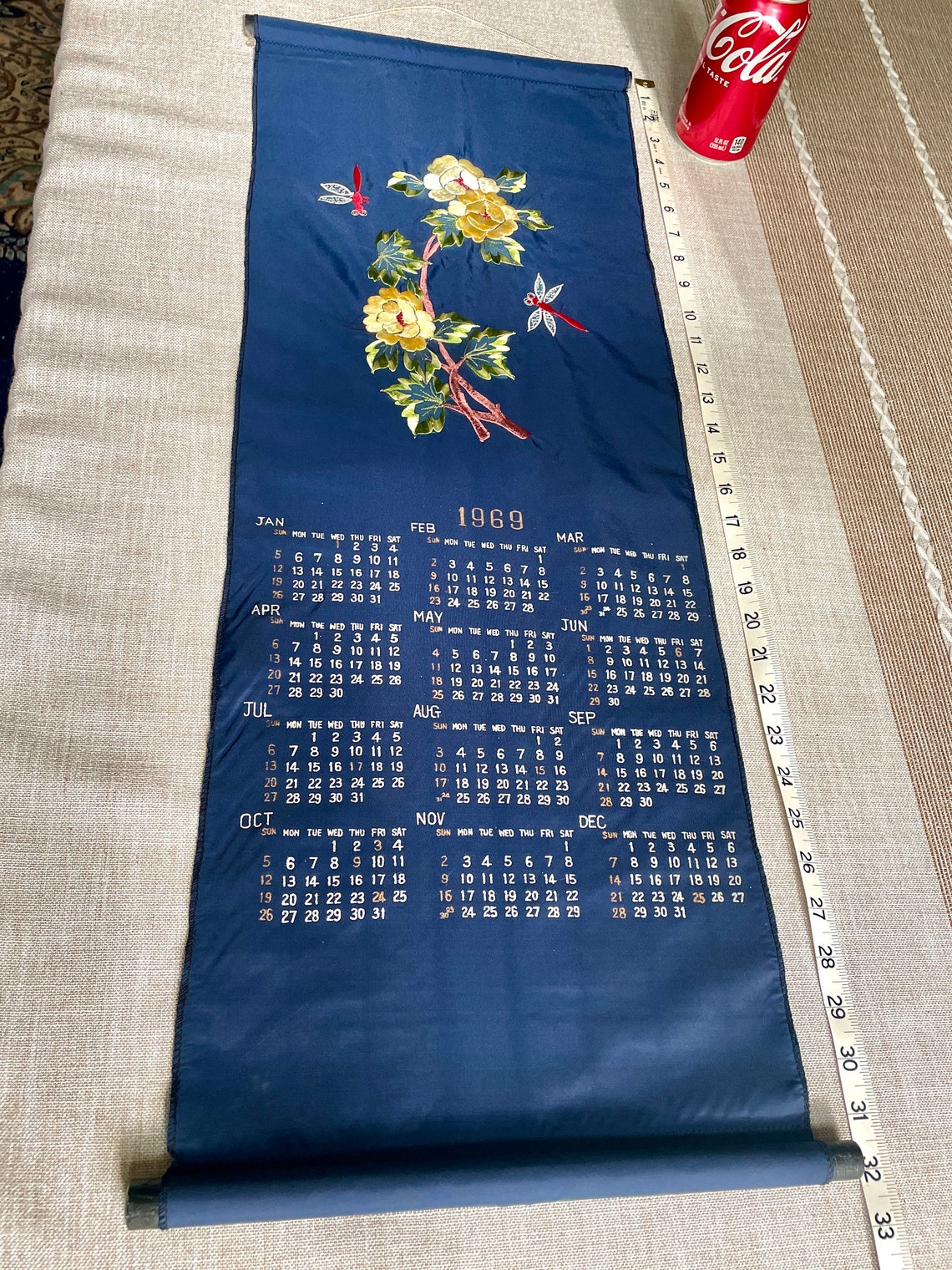 Large, 32 Long, 1969 Silk Scroll Wall Calendar, Embroidered Flowers ...