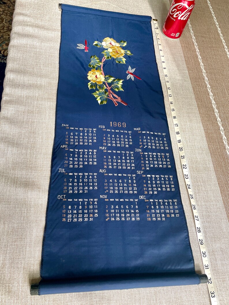 Large, 32 Long, 1969 Silk Scroll Wall Calendar, Embroidered Flowers ...