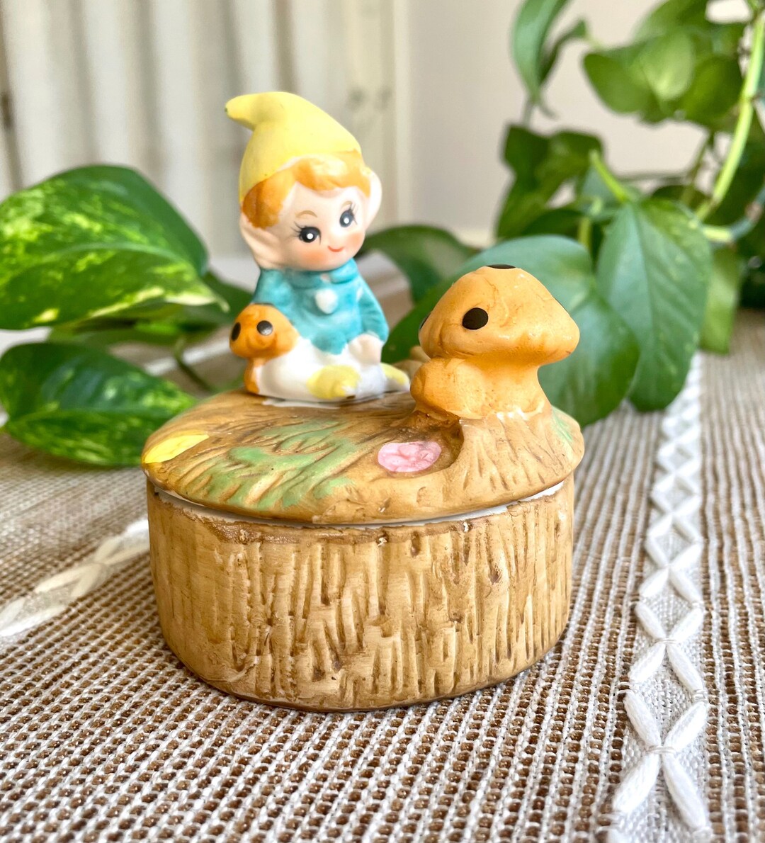 1960s 70s Vintage Faux Bois Ceramic Homco Elf Gnome Trinket Box ...