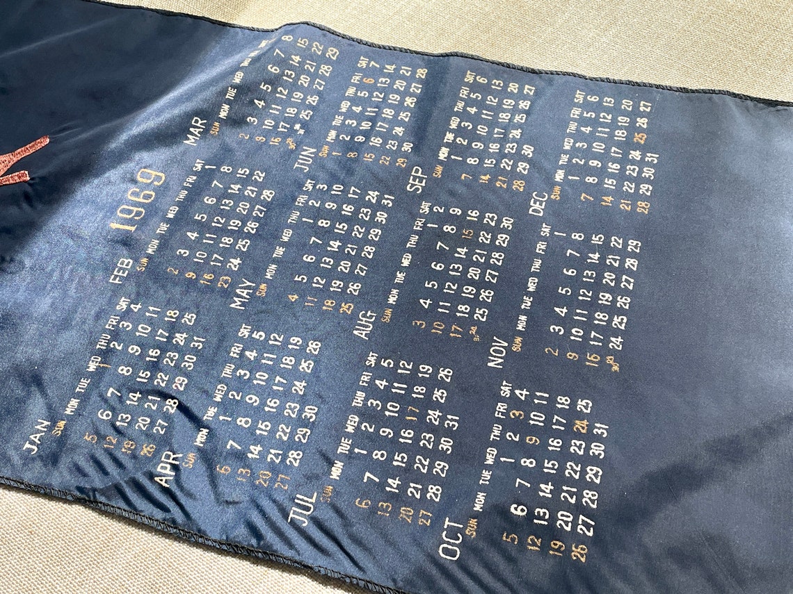 Large, 32 Long, 1969 Silk Scroll Wall Calendar, Embroidered Flowers ...