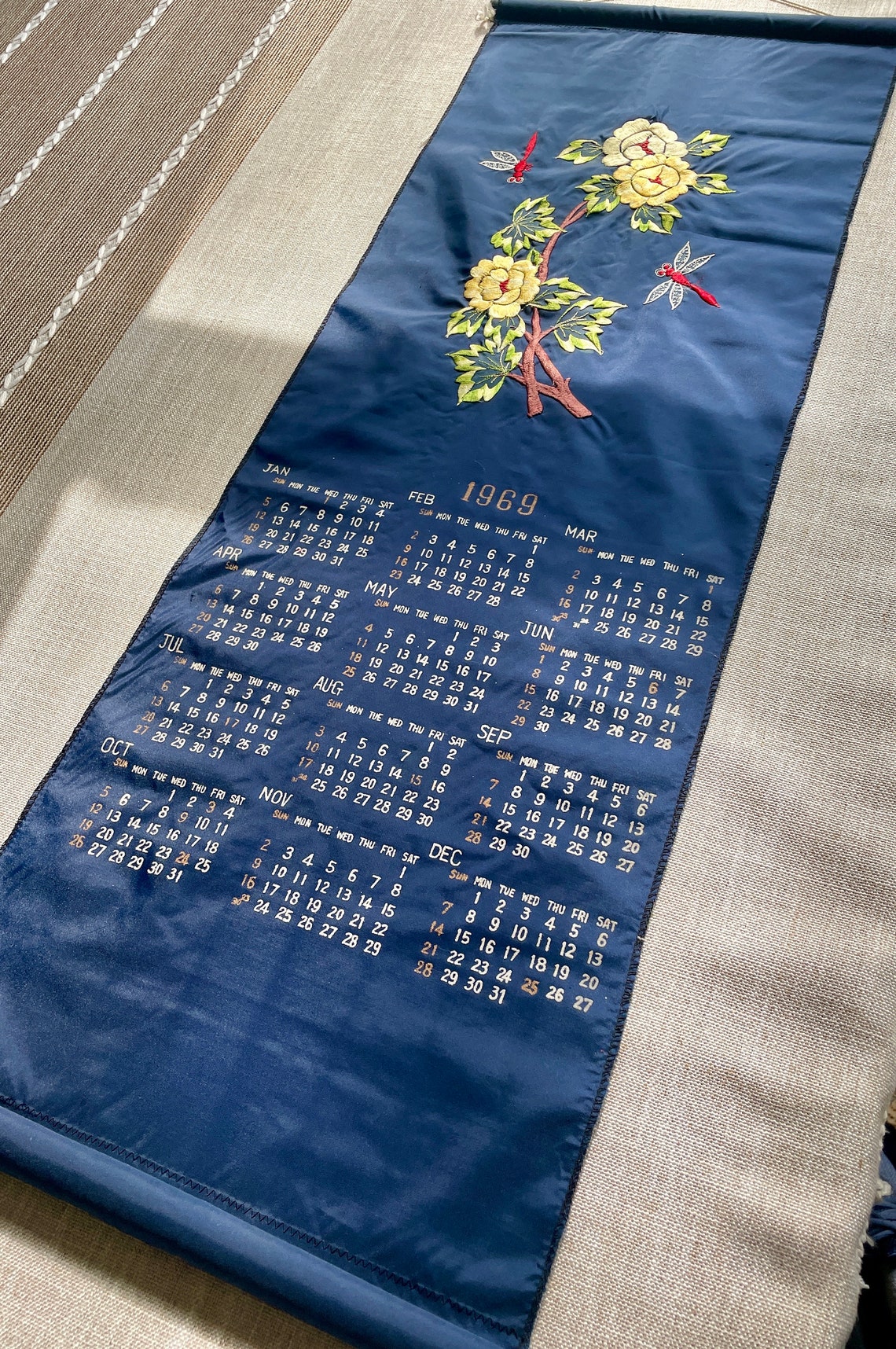 Large, 32 Long, 1969 Silk Scroll Wall Calendar, Embroidered Flowers ...