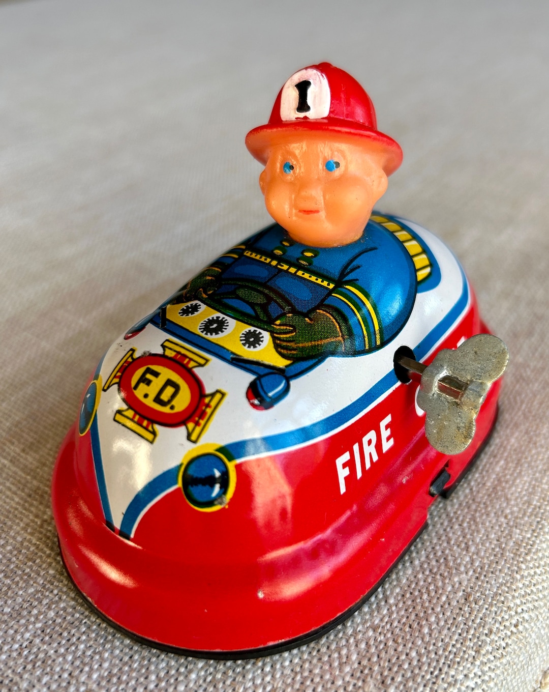 1950s Wind up Toy W Key, Vintage YONE Japan Tin Toy Fire Chief #2154 ...
