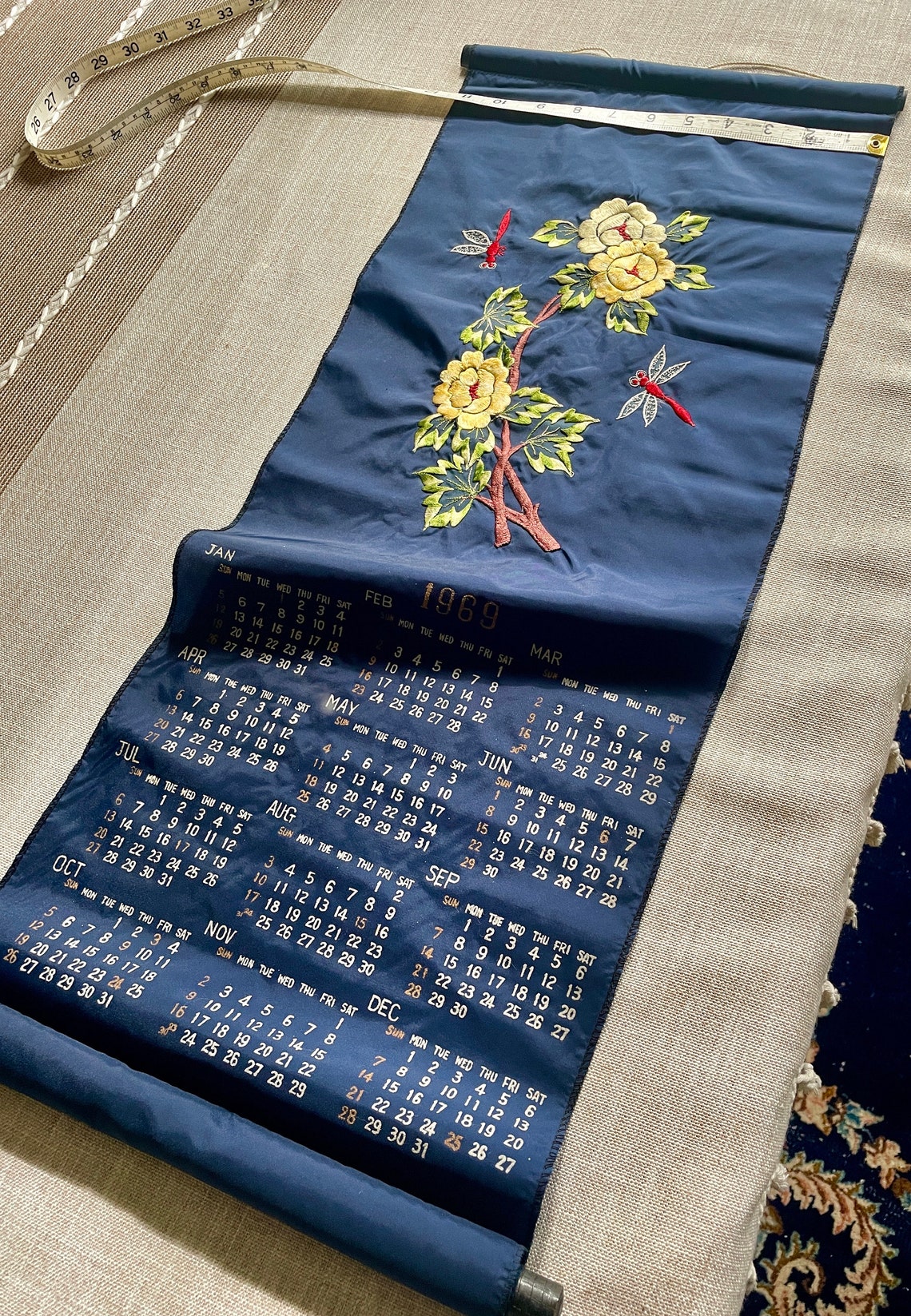 Large, 32 Long, 1969 Silk Scroll Wall Calendar, Embroidered Flowers ...