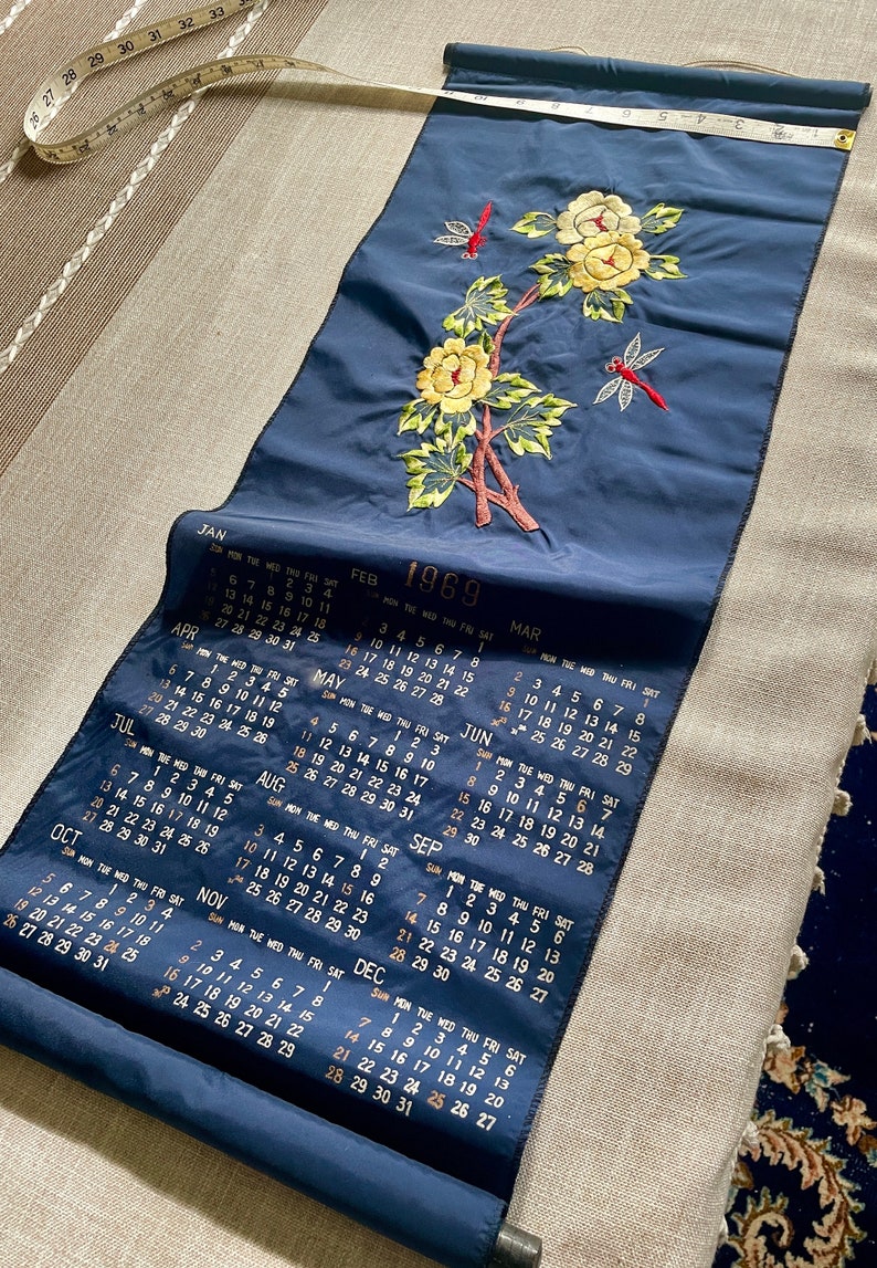 Large, 32 Long, 1969 Silk Scroll Wall Calendar, Embroidered Flowers ...