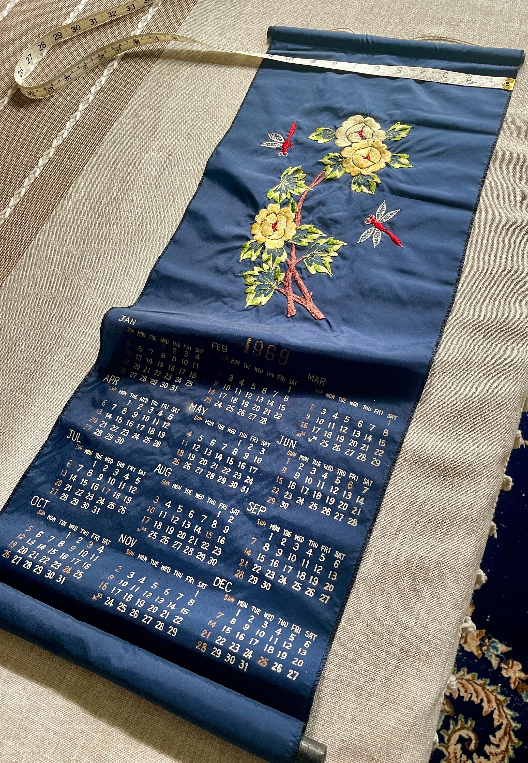 Large, 32 Long, 1969 Silk Scroll Wall Calendar, Embroidered Flowers ...