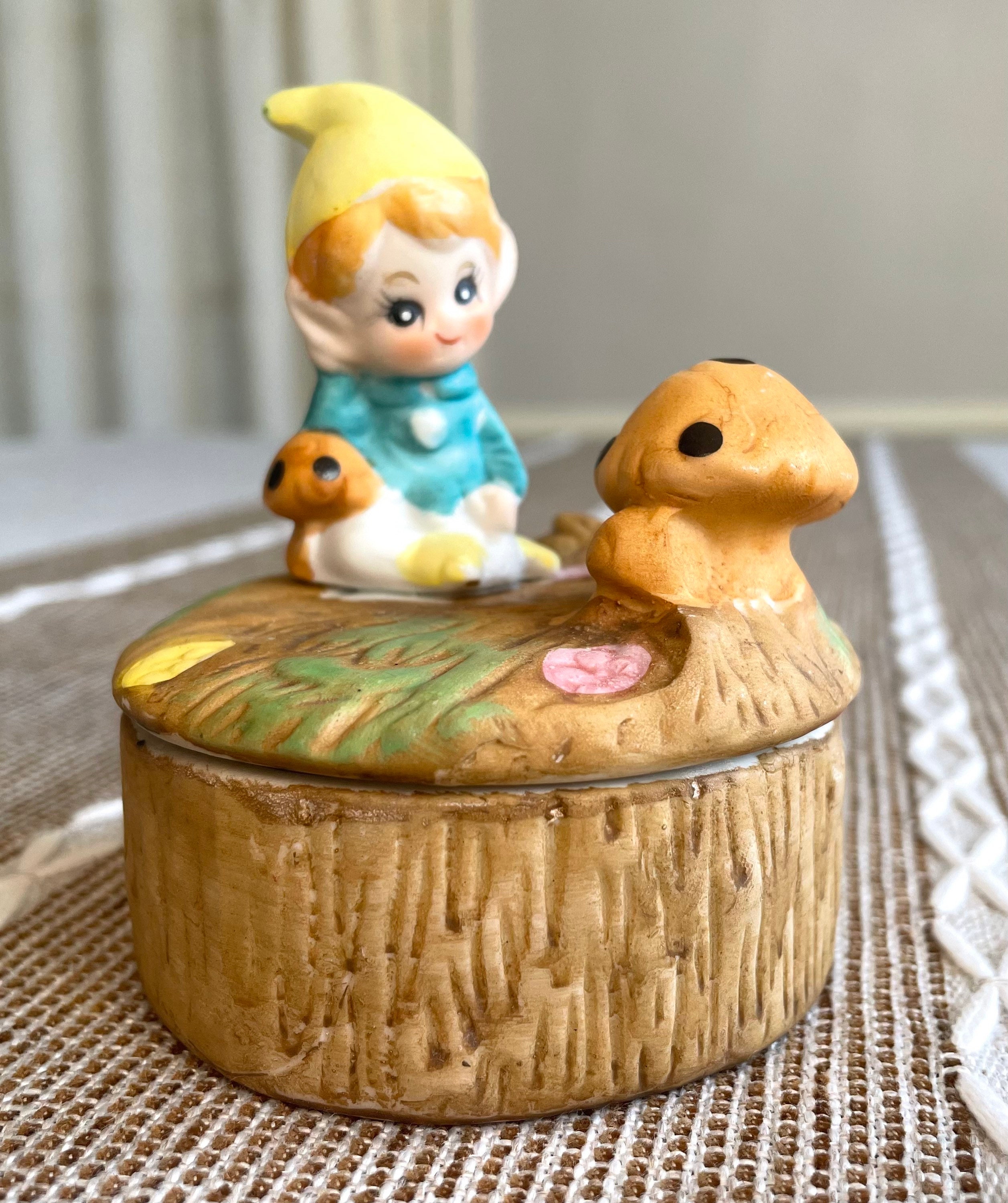 1960s 70s Vintage Faux Bois Ceramic Homco Elf Gnome Trinket Box ...