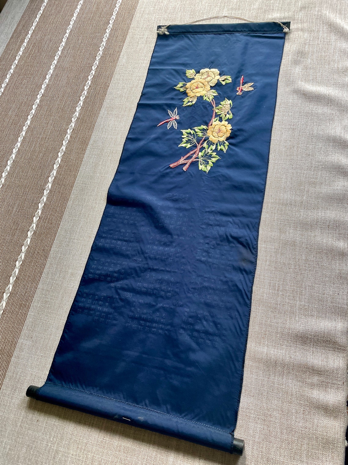 Large, 32 Long, 1969 Silk Scroll Wall Calendar, Embroidered Flowers ...