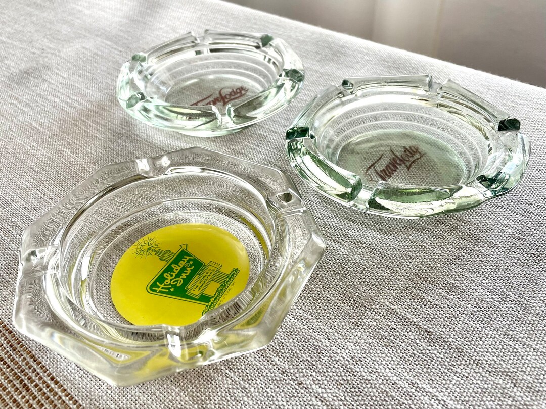 Vintage 1970s Hotel Glass Ashtrays - Holiday Inn & Travel Lodge, Bright ...