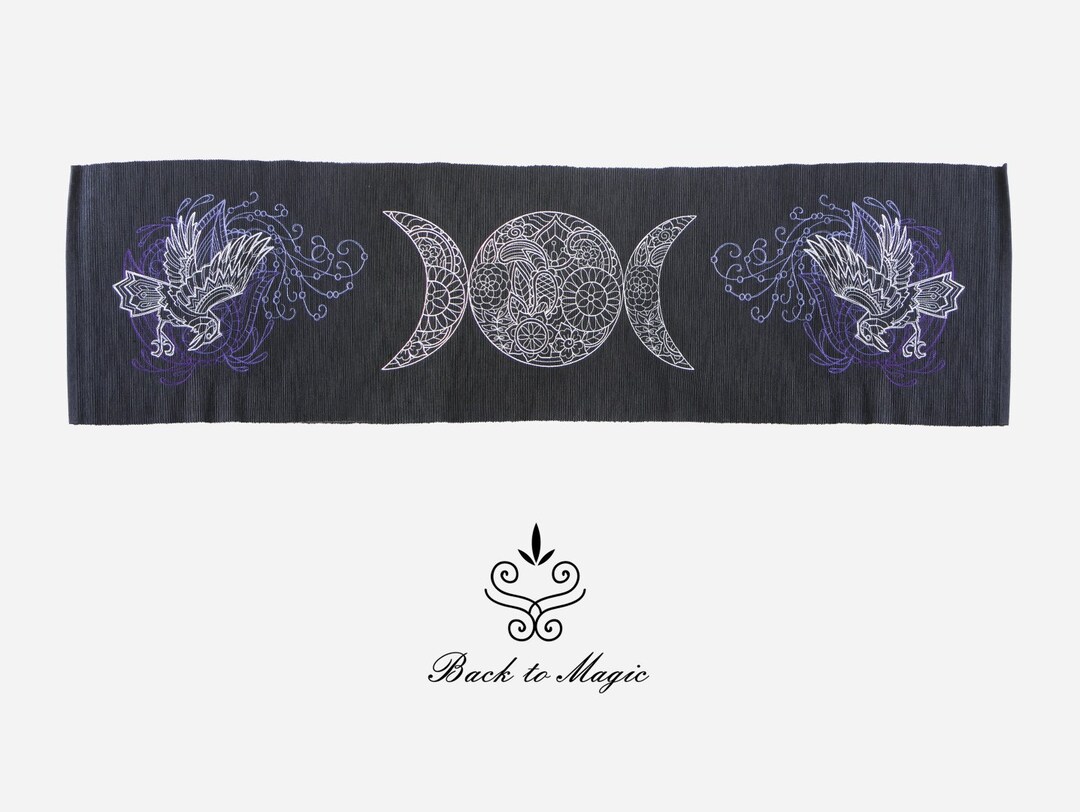 Black Velvet Embroidered Altar Runner With Triple Moon and Two Ravens ...