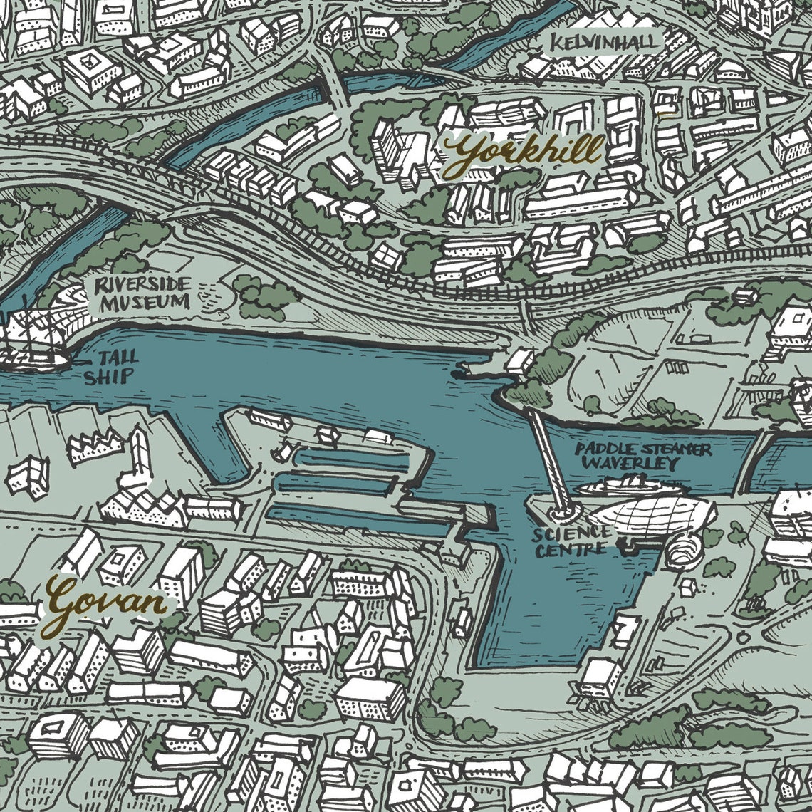 Glasgow Map Central Glasgow River Clyde Illustration - Etsy