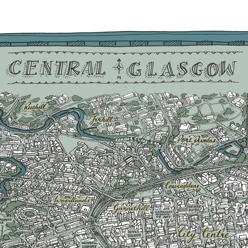 Glasgow Map Central Glasgow River Clyde Illustration Drawing Print ...