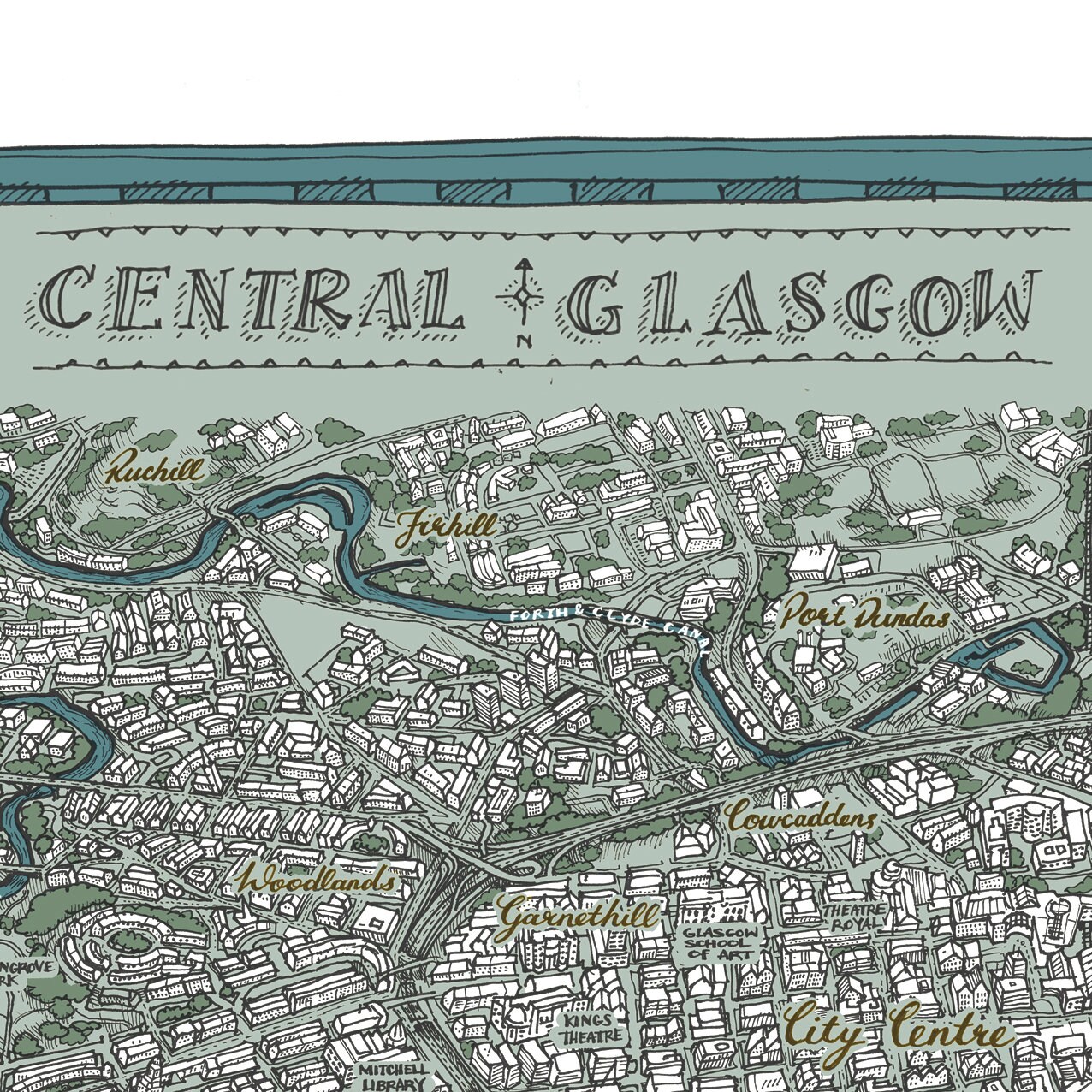 Glasgow Map Central Glasgow River Clyde Illustration Drawing Print ...