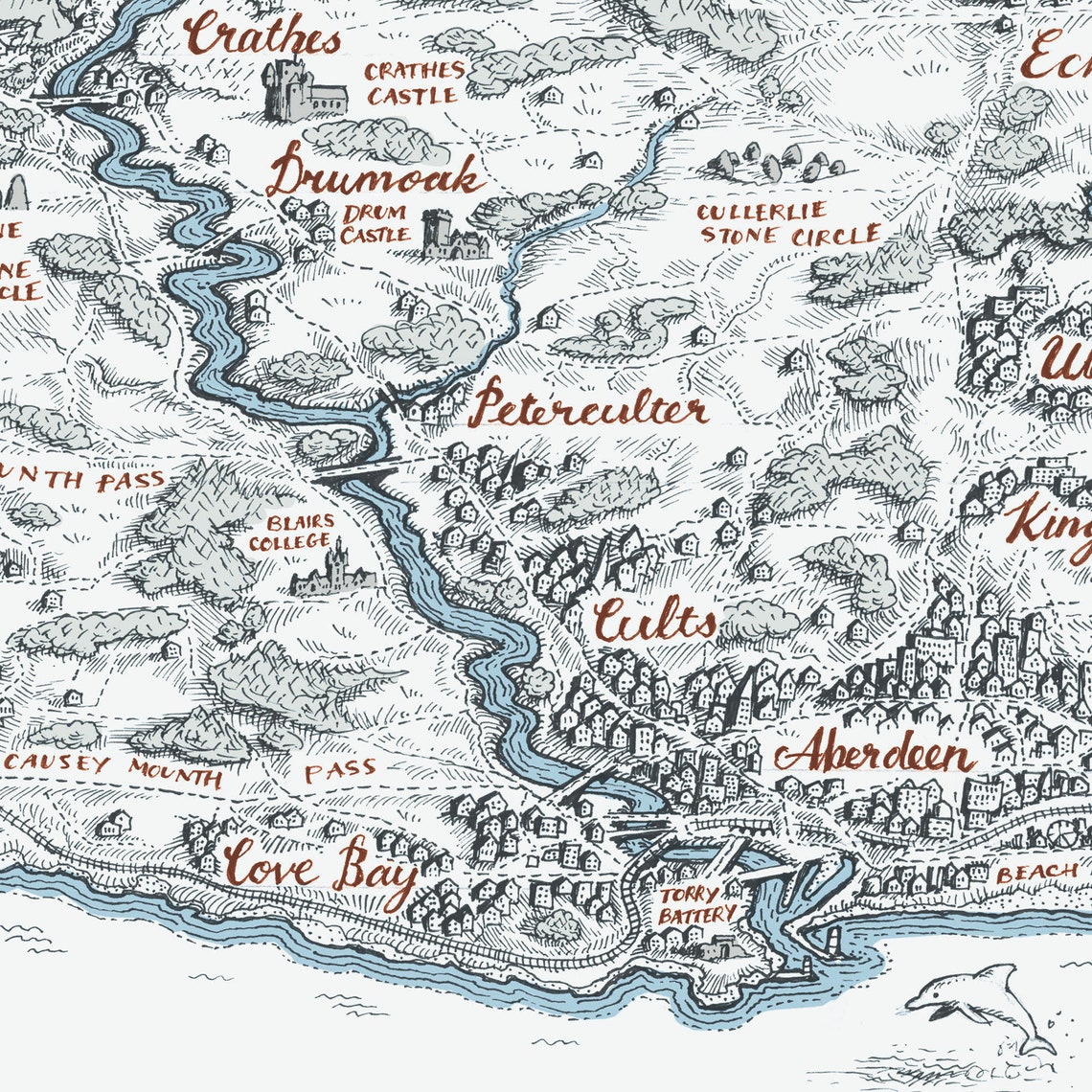 Dee Valley Map Braemar to Aberdeen Royal Deeside River Dee Ballater ...