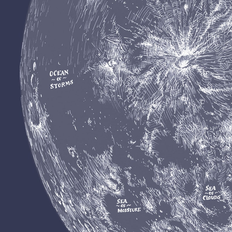 Moon Map Lunar Chart Phases Diagram Illustration Drawing Print Poster ...