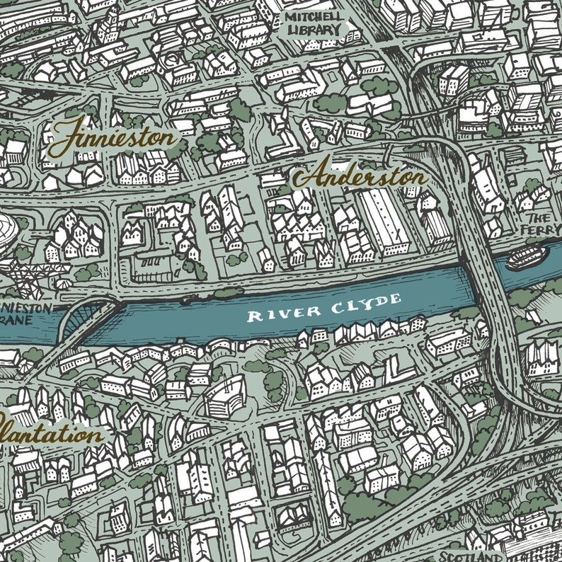 Glasgow Map Central Glasgow River Clyde Illustration | Etsy