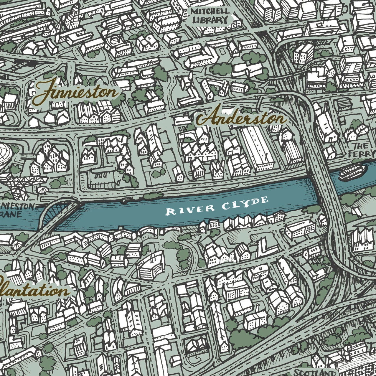 Glasgow Map Central Glasgow River Clyde Illustration - Etsy