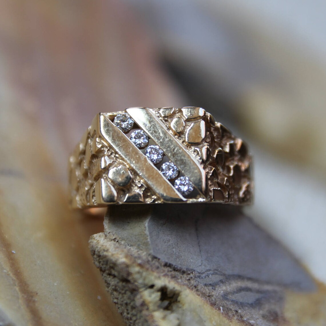 Vintage Men's Solid 14k Yellow Gold Diamond Nugget Ring, Diamond Nugget ...