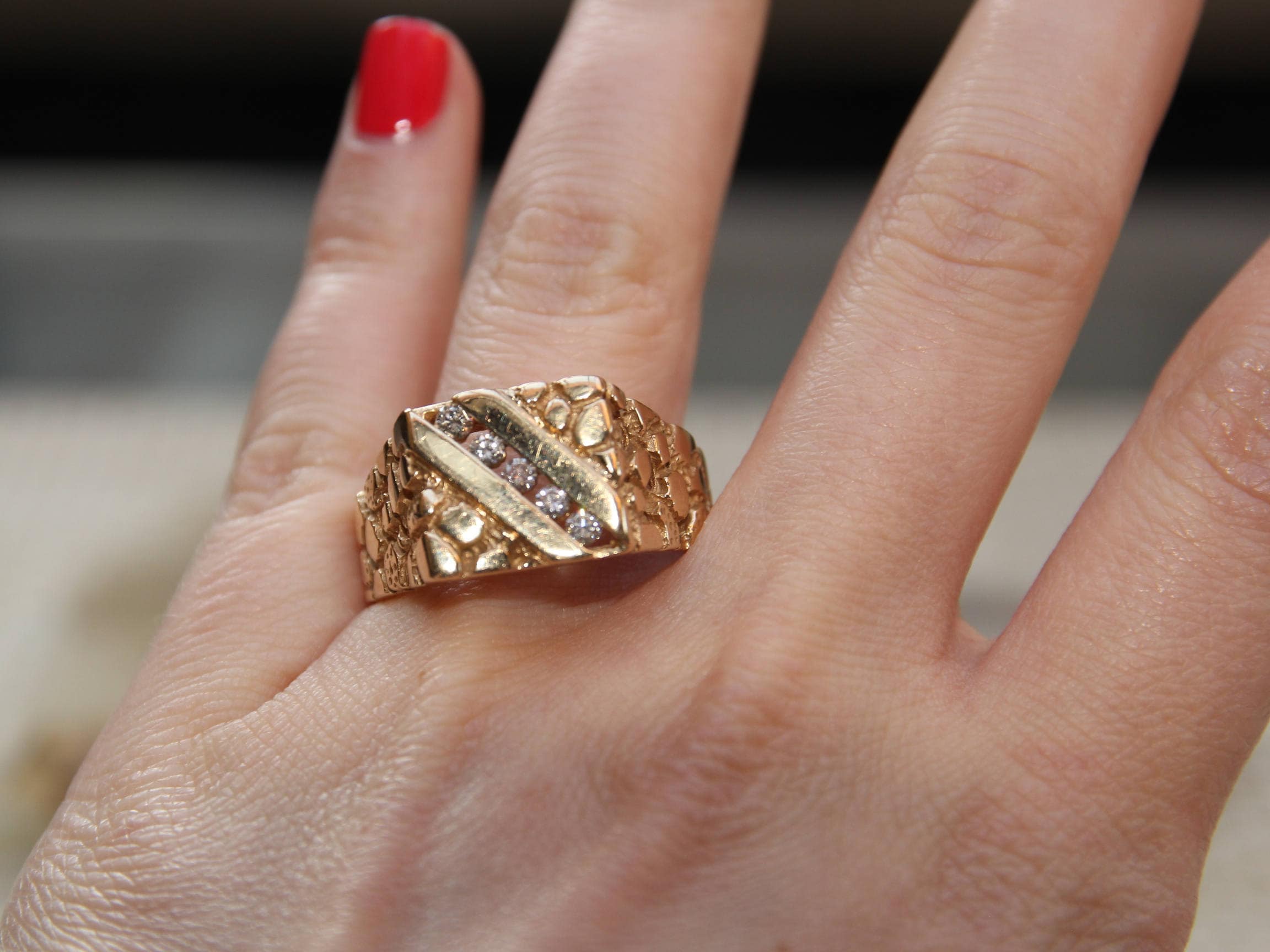 Vintage Men's Solid 14k Yellow Gold Diamond Nugget Ring, Diamond Nugget ...