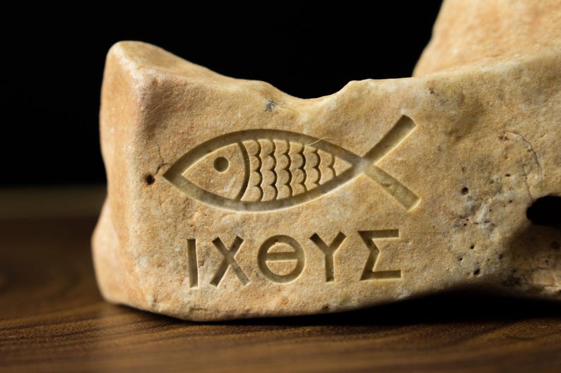 Ichthys Symbol Engraved Jerusalem Stone, Jesus Fish Ichthus Christian ...