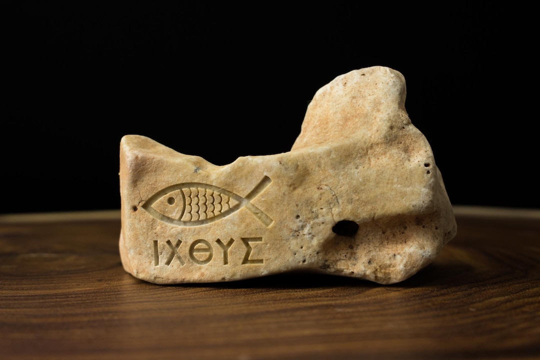Ichthys Symbol Engraved Jerusalem Stone, Jesus Fish Ichthus Christian ...