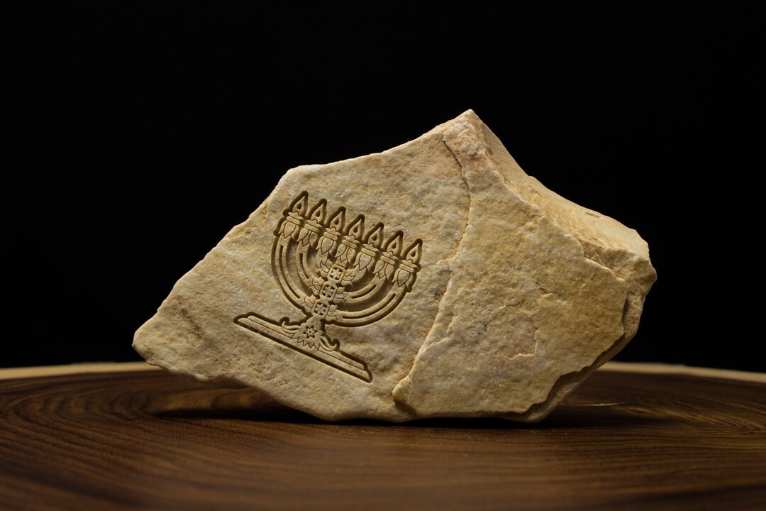 Jewish Menorah Engraved Stone, Menorah Ornament on Jerusalem Stone ...