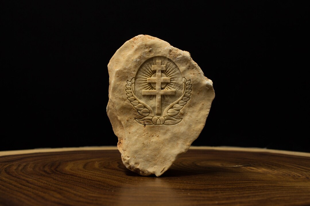 Papal Cross on Jerusalem Stone, Triple Cross Engraved Stone, Catholic ...