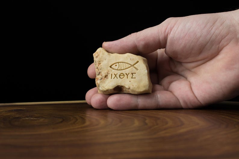 Ichthys Symbol Engraved Jerusalem Stone, Jesus Fish Ichthus Christian ...