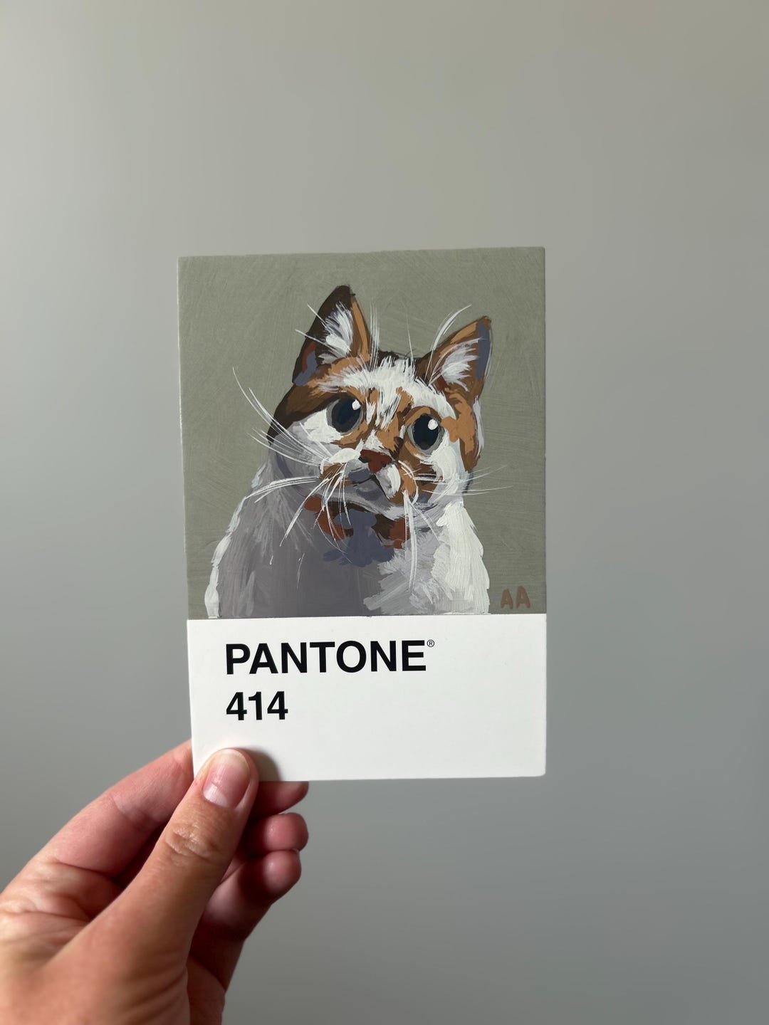 Calico Cat Portrait: Pantone 414 Postcard Gouache Painting - Etsy