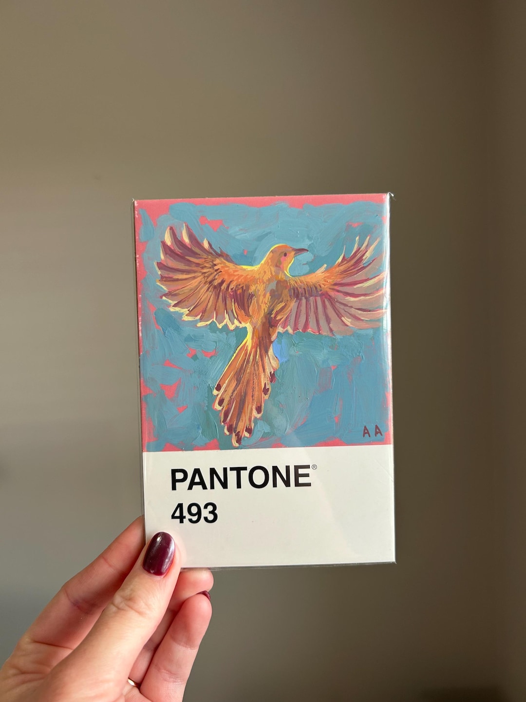 Pantone 493 Pink Bird Flying Gouache Postcard Painting - Etsy