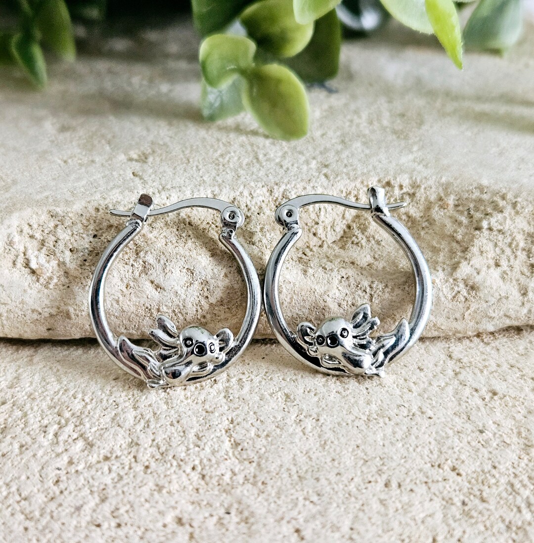 Cute Axolotl Hoop Earrings Amphibian Earrings Silver Hoops Rare Animal ...