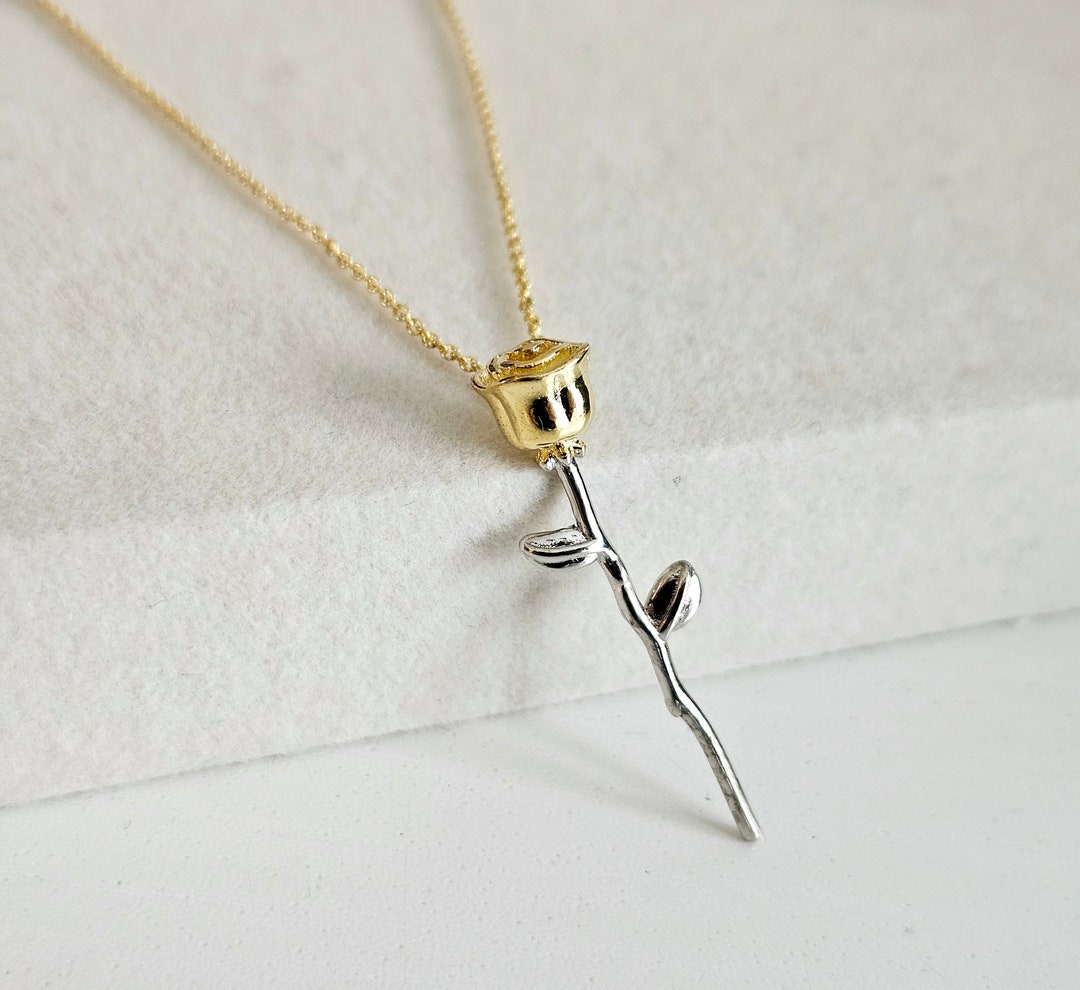 GOLD Rose Bud Necklace 925 Sterling Silver Pendant Long Rose Stem ...