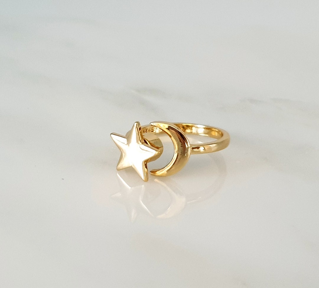 Star & Moon Spinner Ring 925 Sterling Silver Band Adjustable Open Gold ...