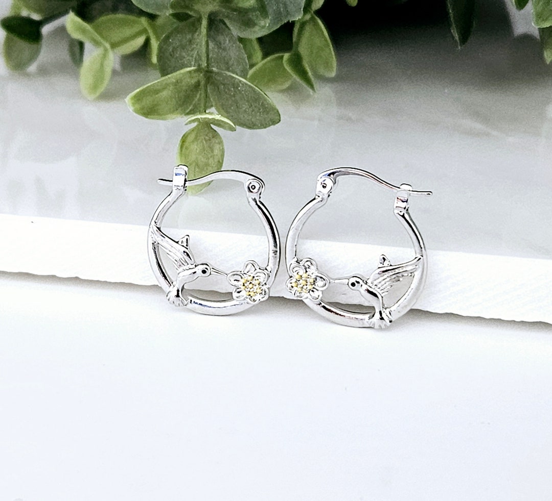 Humming Bird Hoop Earrings Cute Bird and Flowers Earrings Silver Hoops ...