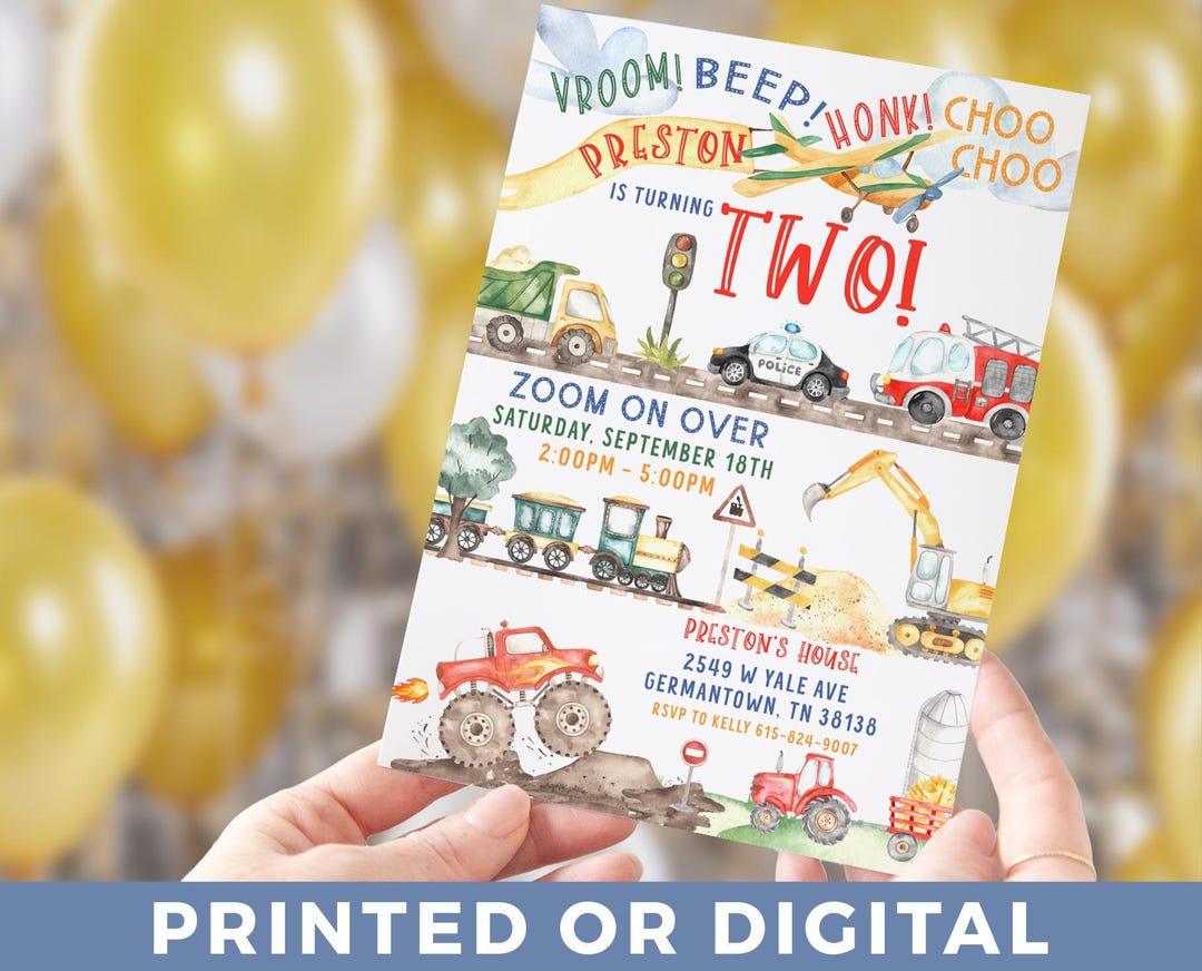 Transportation Party Invitation - Cars, Train, Monster Truck, Planes ...