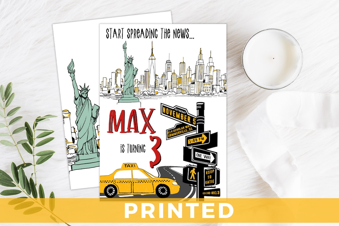 NYC Birthday Invitation - New York Theme Party Invitation - Statue of Liberty Invitations - Taxi ...
