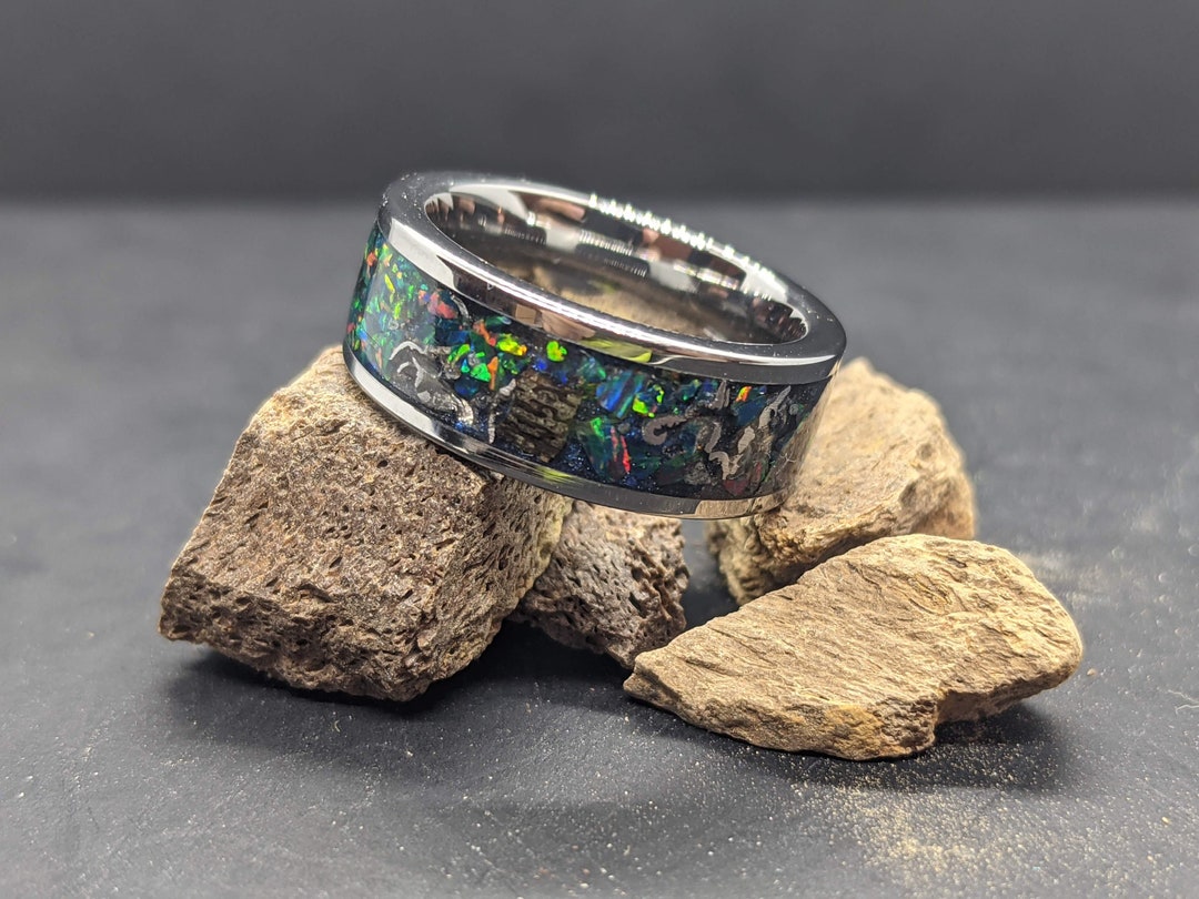 Triceratops Dinosaur Bone, Meteorite and Space Opal Tungsten Ring ...