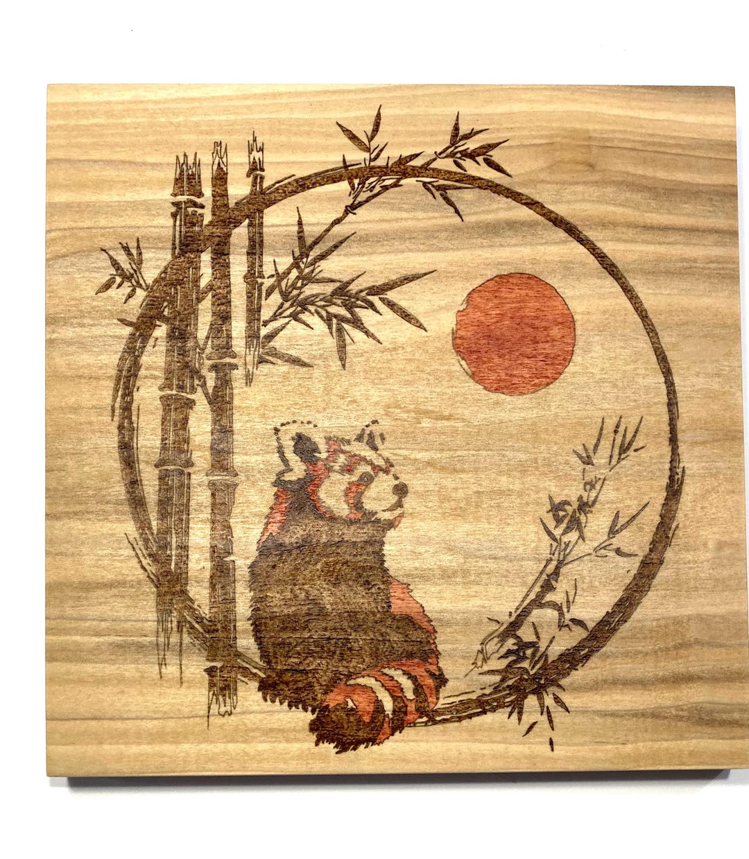 Red Panda With Bamboo- Wood Burned Art- Painted Accents - Etsy