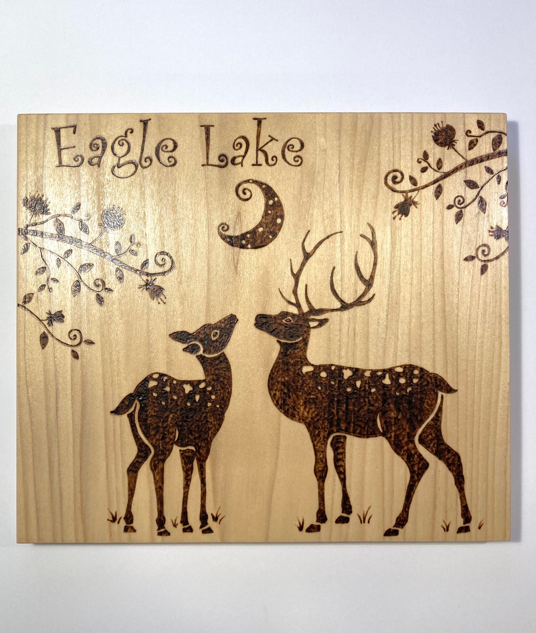 Custom Wood Burned Deer and Moon Art: Personalized Poplar Sign - Etsy