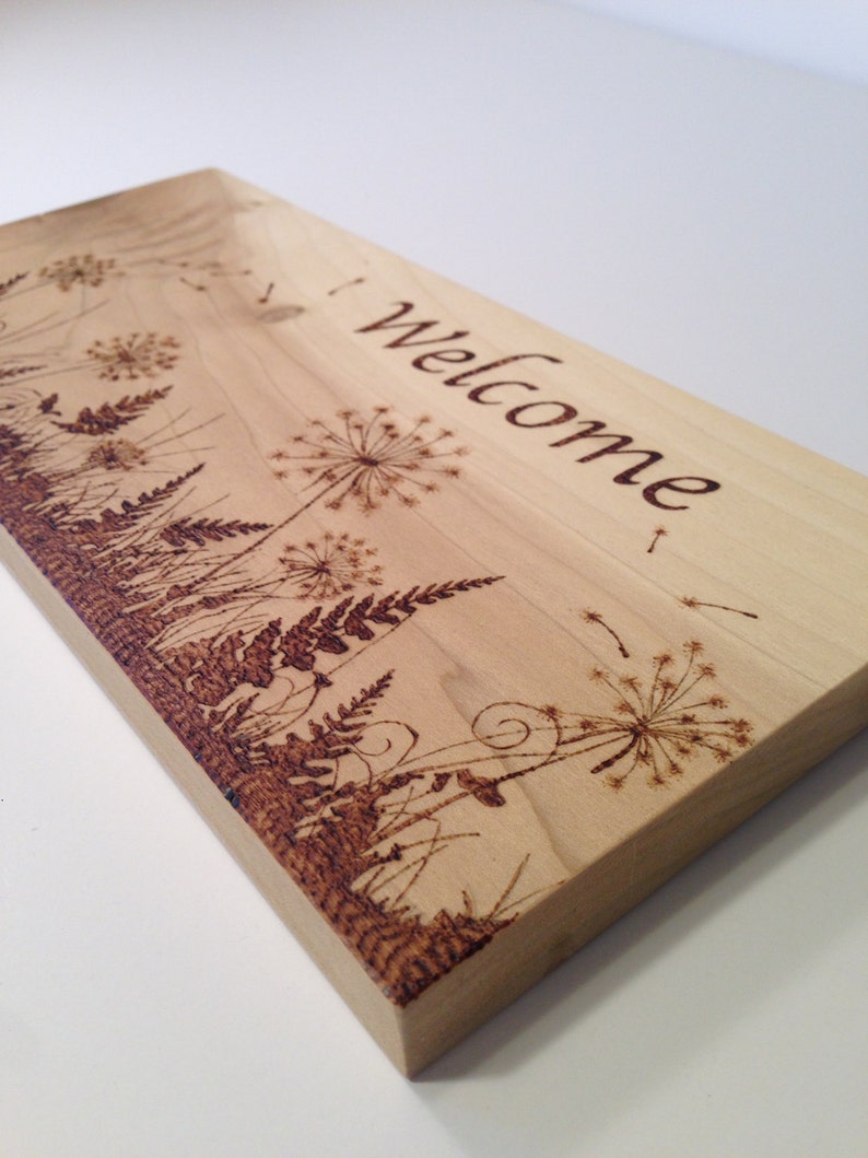 Welcome wood burned sign dandelions silhouette pyrography | Etsy