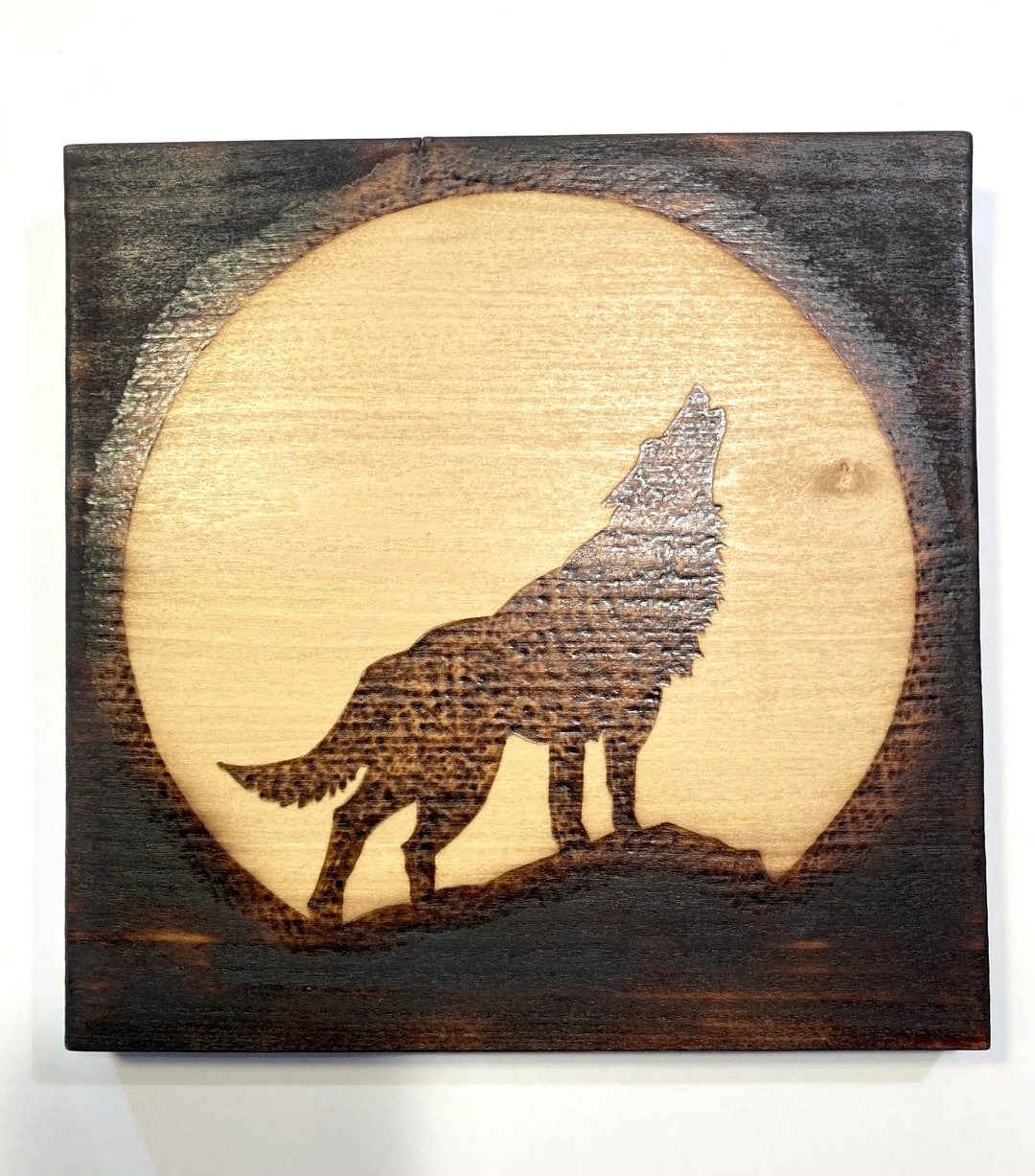 Wood Burned Wolf Art: Howling at Moon Poplar Sign - Etsy