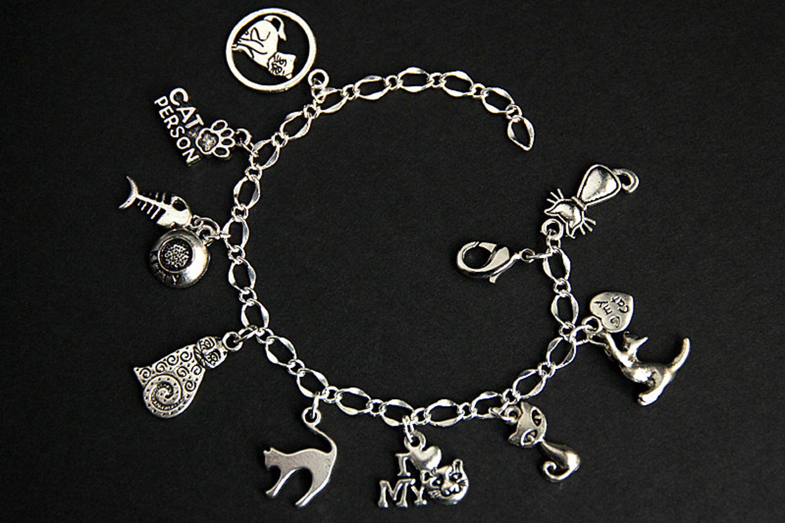 Cat Bracelet. Cat Charm Bracelet. Cat Lover Bracelet. Silver Charm ...
