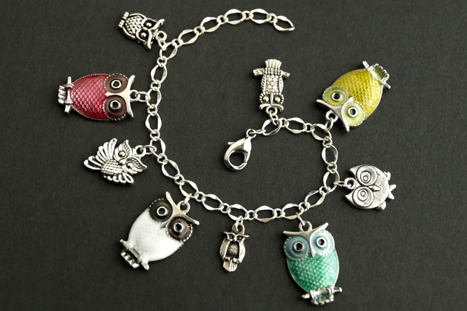 Owl Bracelet. Enameled Owl Charm Bracelet. Red, White, Turquoise and ...