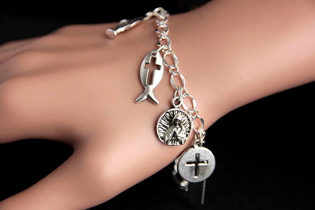Religious Bracelet. Catholic Charm Bracelet. Christian Jewelry. Silver ...