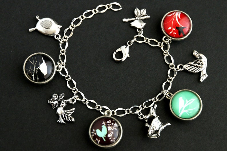 Bird Bracelet. Red and Turquoise Charm Bracelet. Bird Lover Bracelet ...