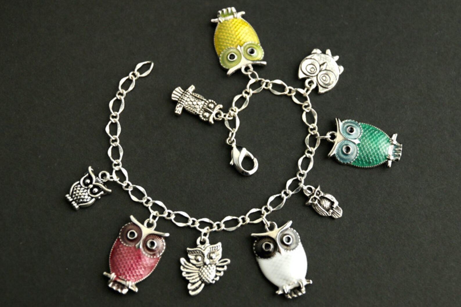 Owl Bracelet. Enameled Owl Charm Bracelet. Red, White, Turquoise and ...
