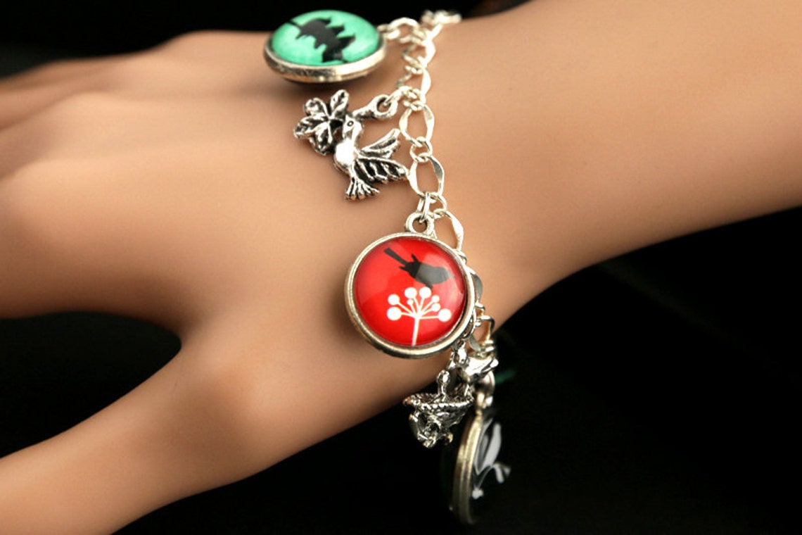 Bird Bracelet. Red and Turquoise Charm Bracelet. Bird Lover Bracelet ...