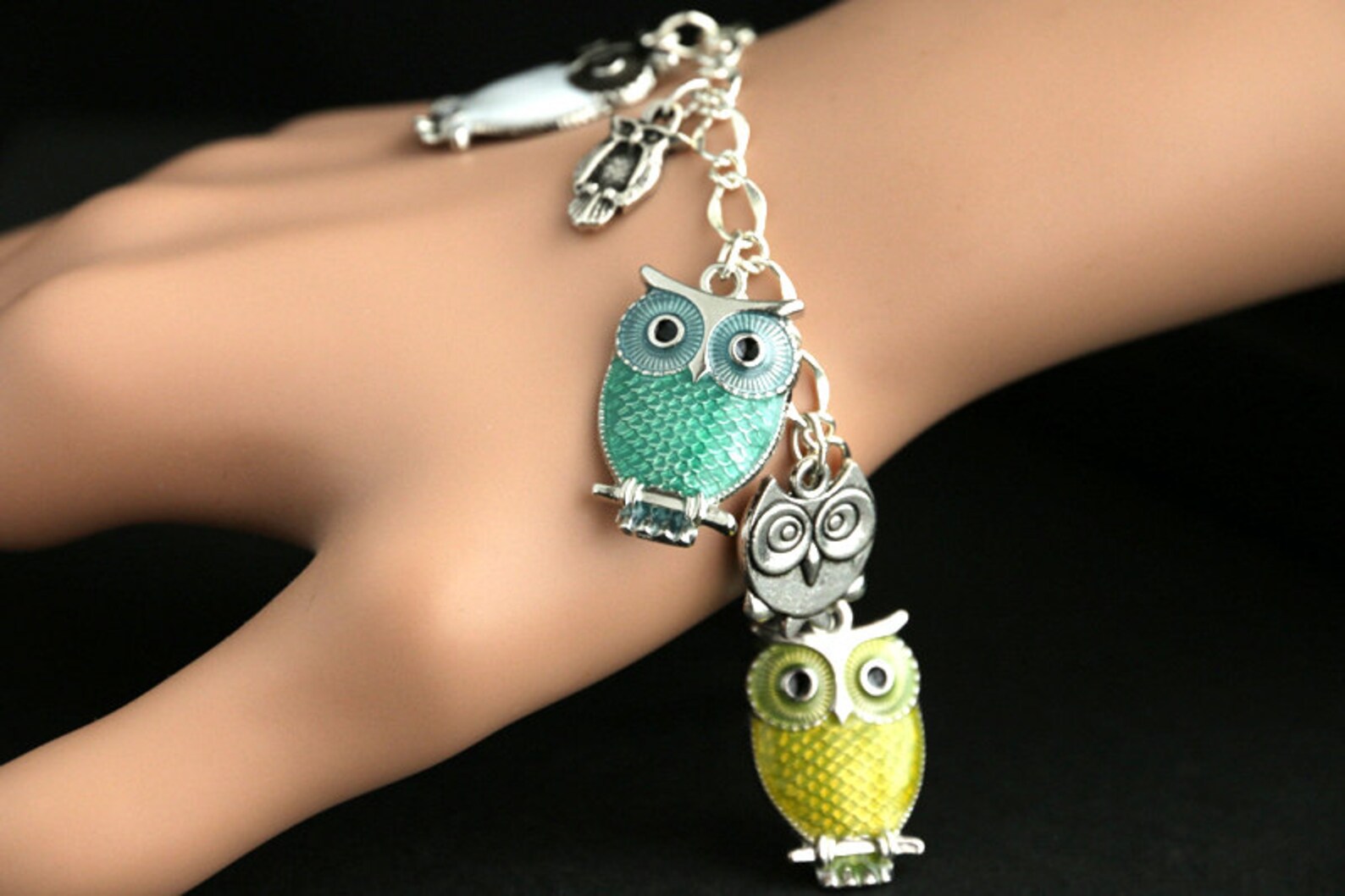 Owl Bracelet. Enameled Owl Charm Bracelet. Red, White, Turquoise and ...