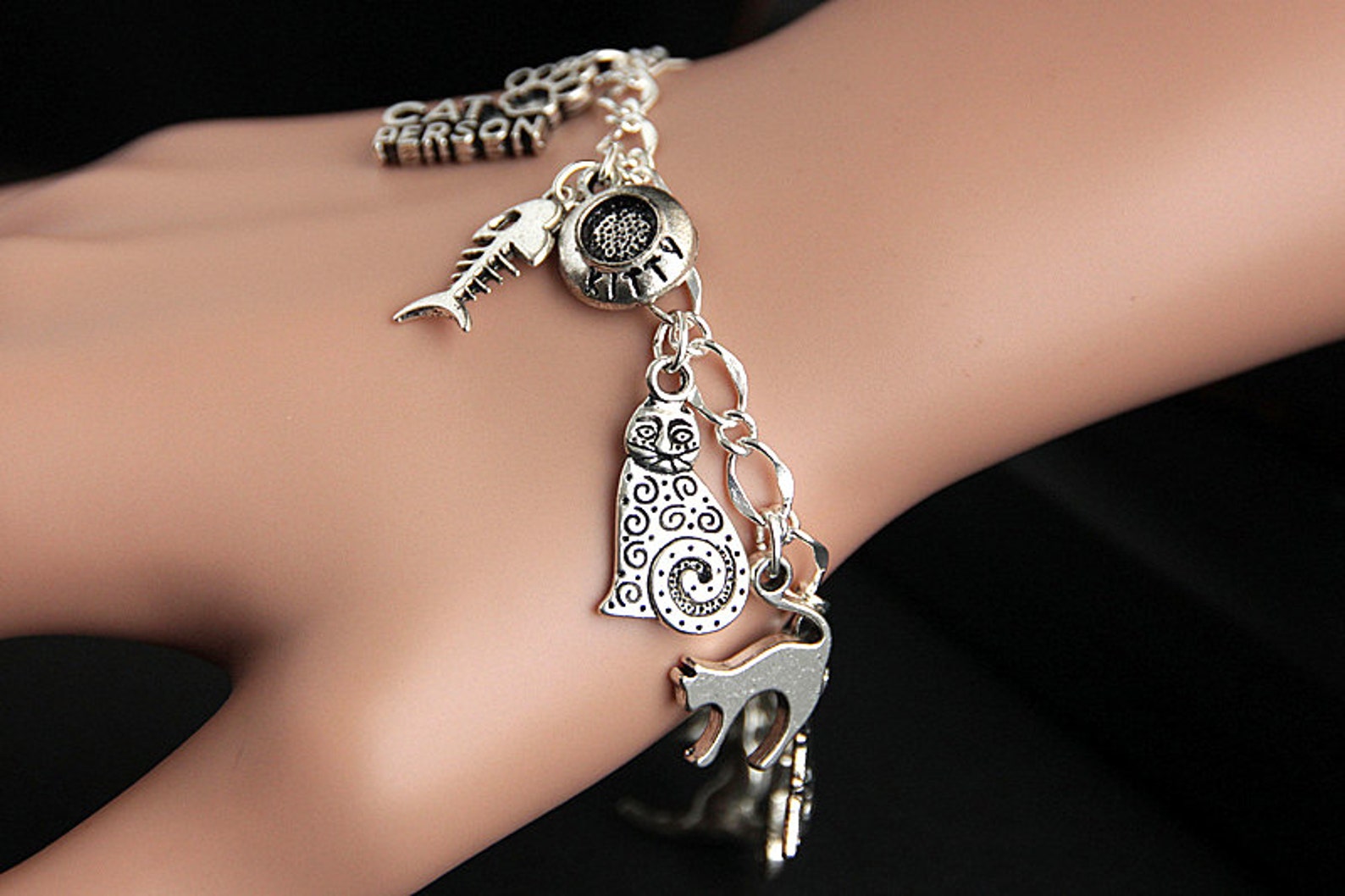 Cat Bracelet. Cat Charm Bracelet. Cat Lover Bracelet. Silver Charm ...